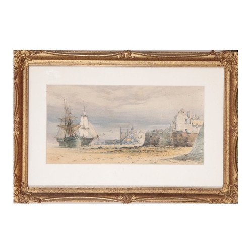 JOHN CALLOW (1822-1878) Ships at rest at low tide beside a harbour wall ...