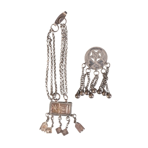 AN OMANI WHITE AND GILT METAL HIRZ NECKLACE decorated with Khanger ...