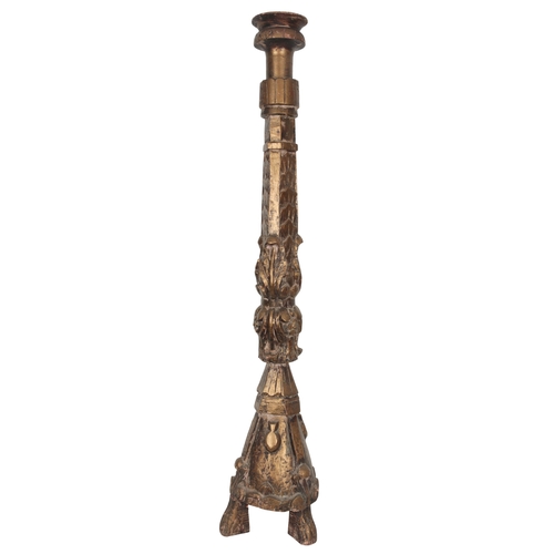 A GILT WOOD PRICKET CANDLE STICK OF ITALIAN BAROQUE STYLE with leaf ...