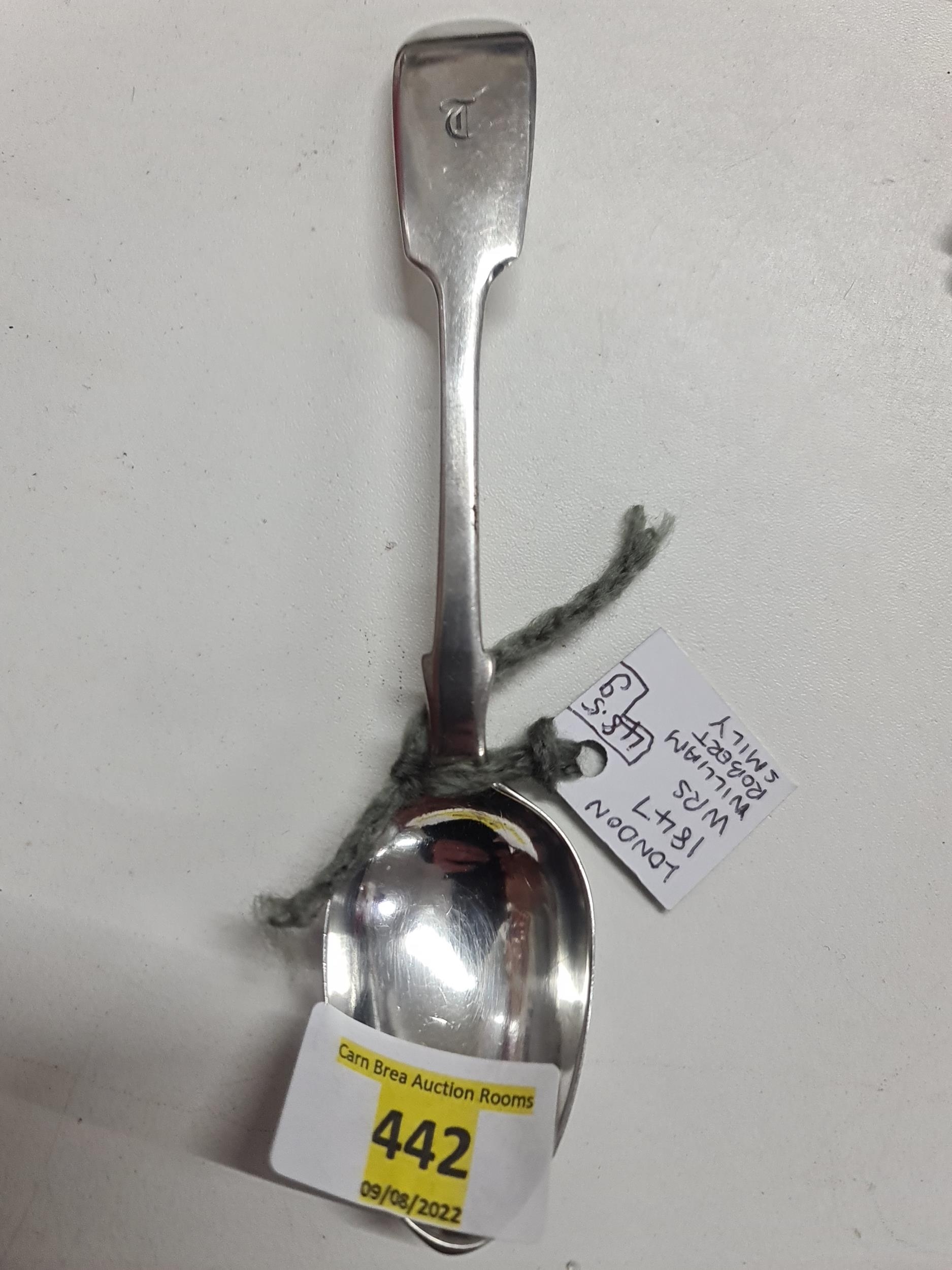 48.5g Hallmarked silver spoon London 1847 William Robert Smily, engraved T