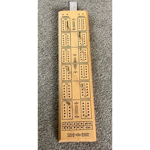 REALLY NICE WOOD CRIBBAGE BOARD WITH DRAWER FOR PEGS IN SIDE PLUS PEGS