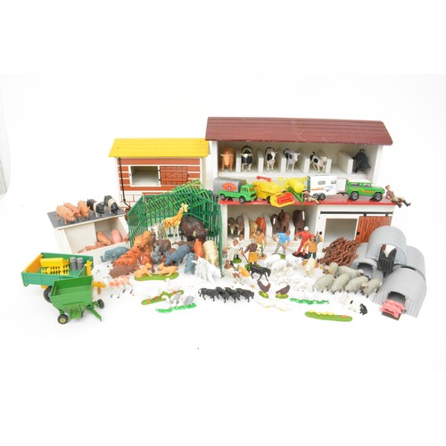A collection of vintage farm buildings, Britains farm and zoo animals ...