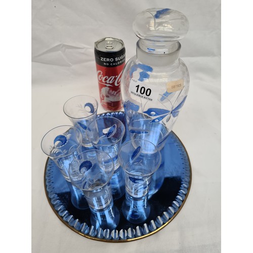 Vintage Decanter and five glasses with a mirrored Blue tray.