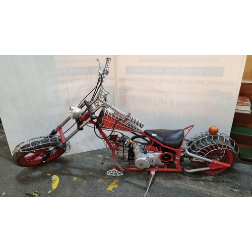 Start Lot. Spidermans bike. A 2005 custom Orange County Black Widow Mini Chopper motor bike 110cc. V