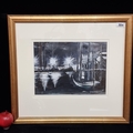 An original oil on canvas painting showing a harbour at night. Signed ...
