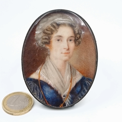 A fine miniature portrait painting of a handsome lady in period dress ...