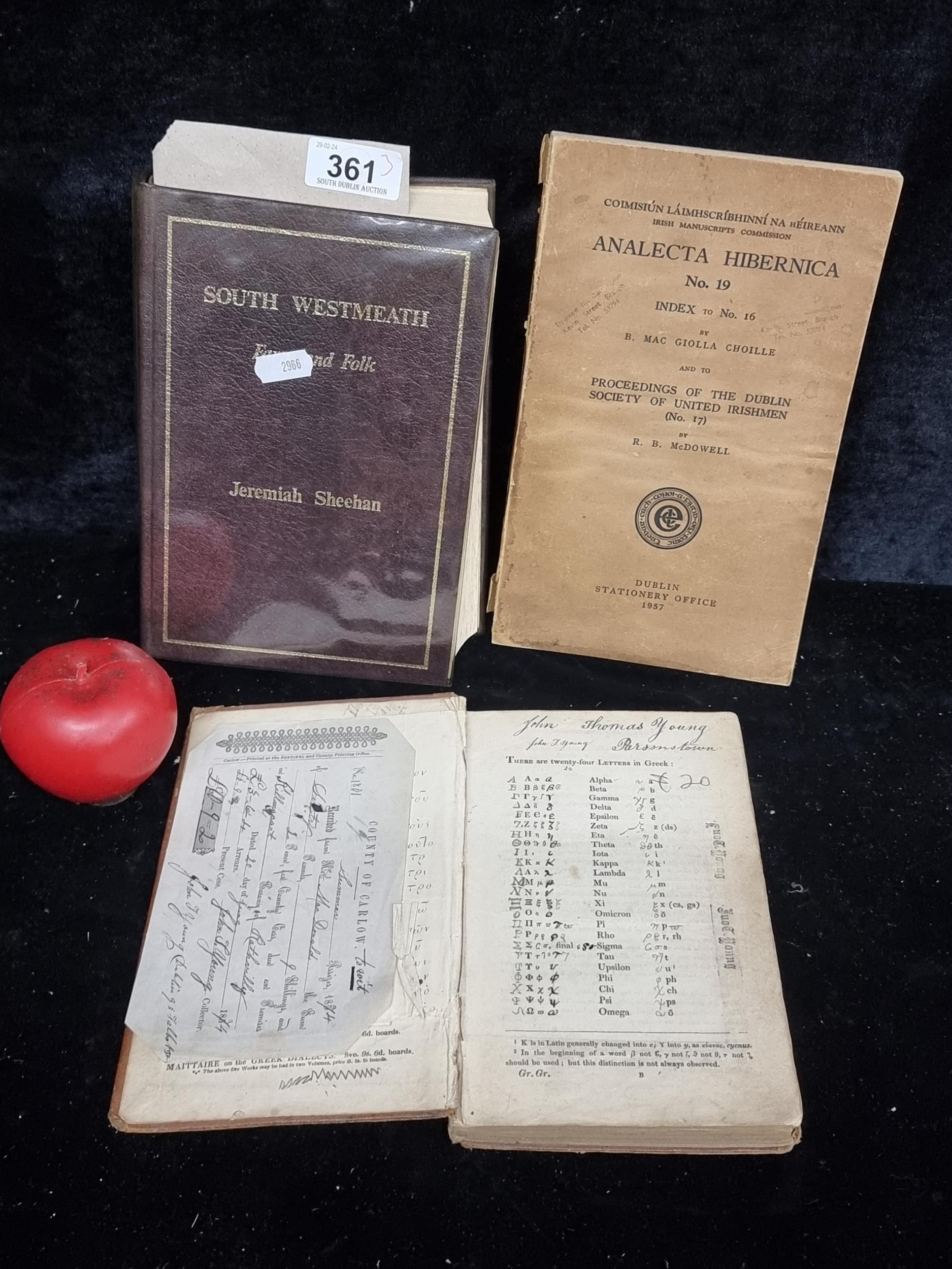 Three hardback books including an amazing antique school book for Greek ...