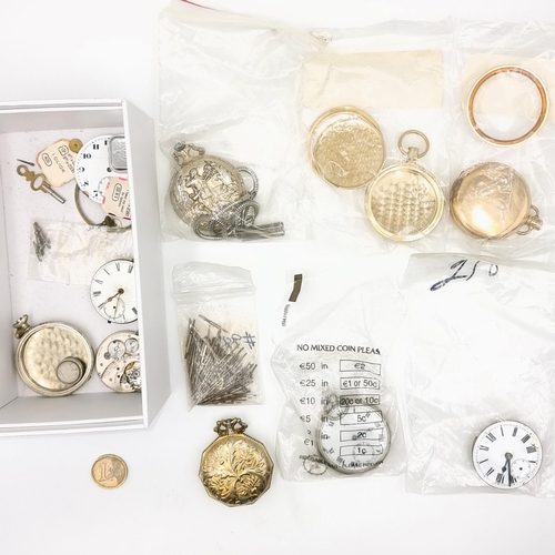 A collection of pocket watches together with backs and parts. Inc a bag ...