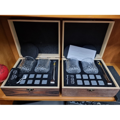 Two fantastic wooden boxed whiskey sets, each including two glasses ...