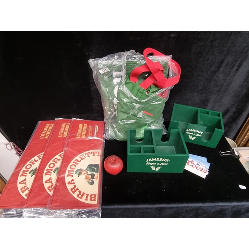 A mixed lot of branded bar / pub items including beer mat holders, bar ...