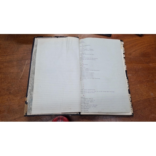 Vintage hand-written and typed large ledger. The first page reads ...