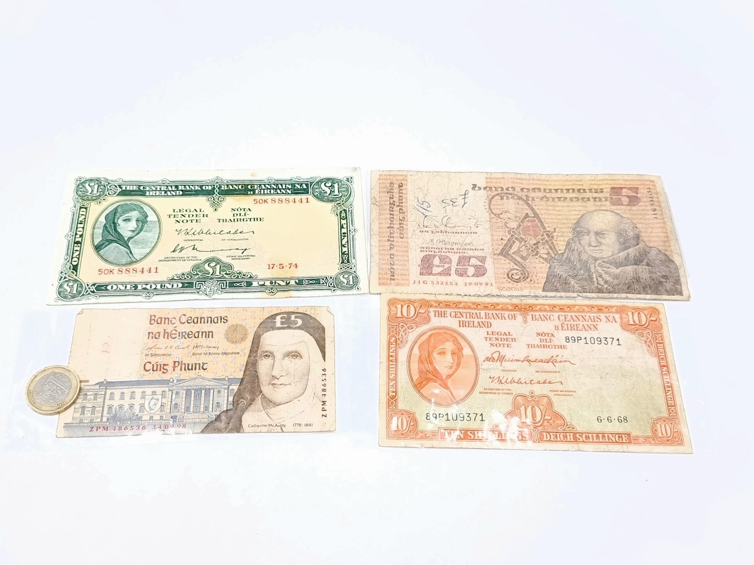 A collection of Irish bank notes consisting of a 10 shilling Lady ...