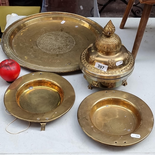 Four antique brass items. including a very interesting lidded jar with ...