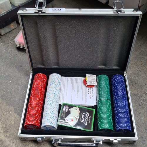 A brand new Poker set in aluminum carrying case. Includes multi-colored ...