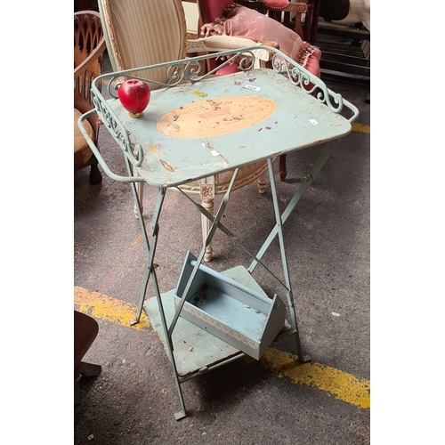 Vintage folding tea trolley, painted metal with a "Bathroom" motif ...