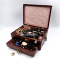 A wonderful antique leather bound box comprising of antique and vintage ...