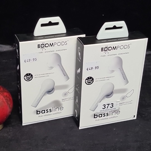 Two boxed sets of BOOMPODS Bassline true wireless earphones, model BTW3K-001, with Bluetooth and Eas