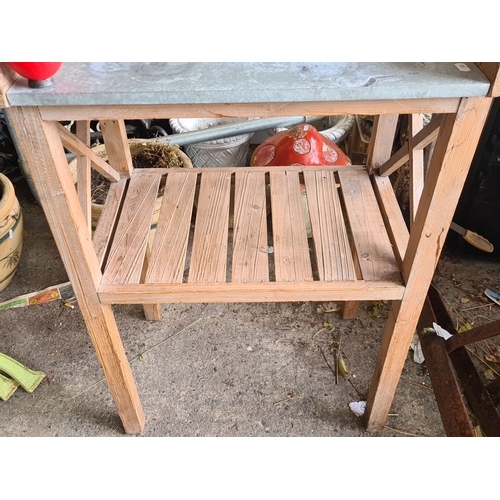 Rustic pine potting bench with galvanised zinc work surface, narrow ...
