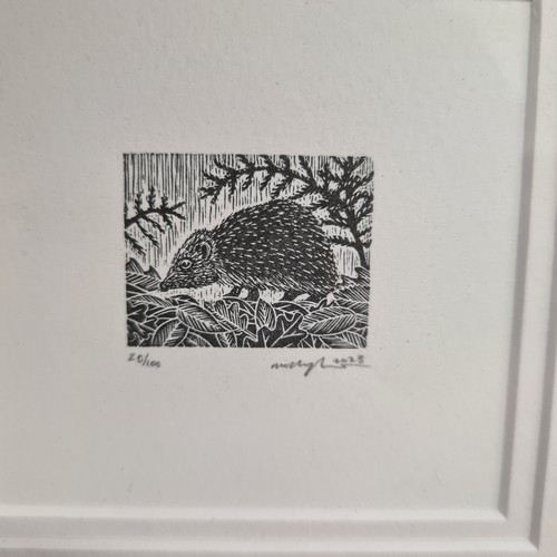 An original limited edition 20/100 linocut etching. Features a hedgehog ...