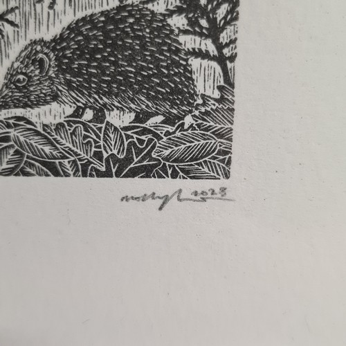 An original limited edition 20/100 linocut etching. Features a hedgehog ...