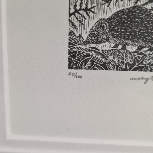 An original limited edition 20/100 linocut etching. Features a hedgehog ...