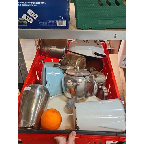 Assortment of mid-20th-century kitchenware: white and blue enamel ...