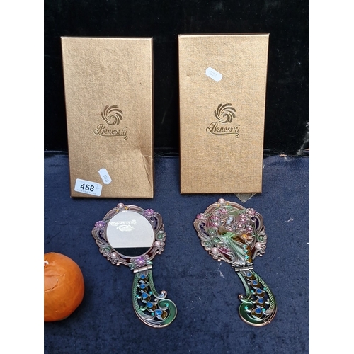 Pair of very pretty cast metal folding hand mirrors, richly enamelled ...