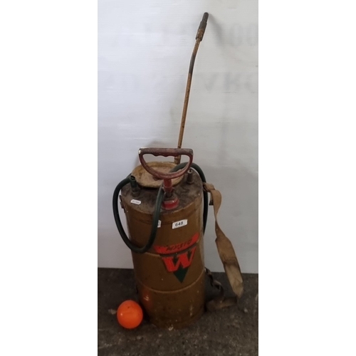 Vintage metal backpack pressure sprayer with pump handle, hose, brass ...