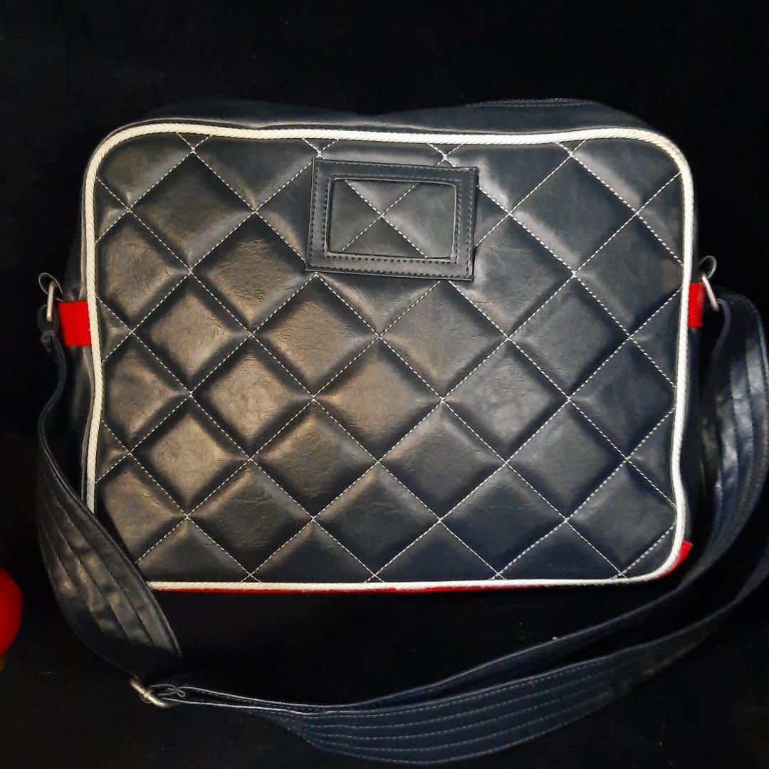 Superdry navy and white faux-leather messenger bag with red accents, quilt-stitched reverse, front l