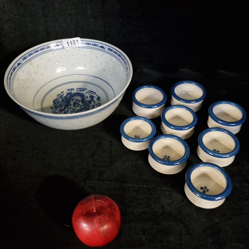 Set comprising a blue-and-white ceramic ‘Uncle Ben’s’ advertising ...