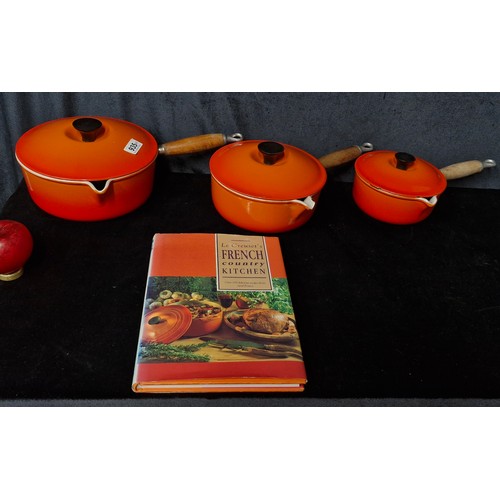 Star Lot : Three excellent and heavy Le Creuset pots with wooden ...