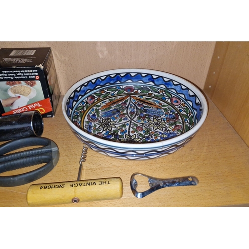Group of kitchen and household items, including a polychrome decorated ...