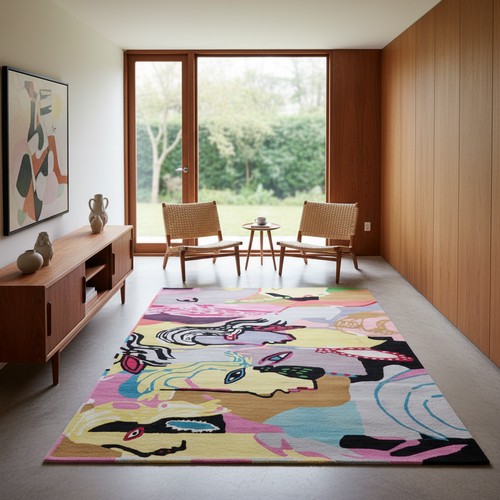 A vibrant modern rug featuring a bold abstract painterly composition ...