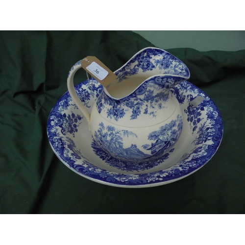 Minton Genevese blue and white toilet jug and bowl decorated lakeside scene