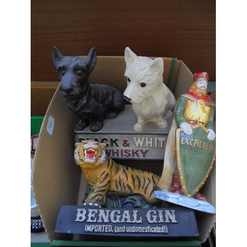 3 large advertising models, 1 being Black and White whisky with 2 dogs ...