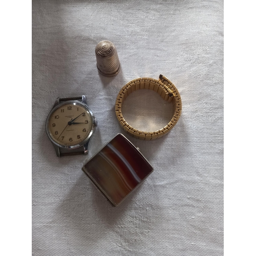 Vintage Watch, Strap, Small Square Pill Box & a Thimble
