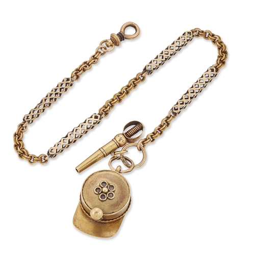 A 19TH CENTURY WATCH CHAIN WITH A NOVELTY FOB the two-tone fancy link ...