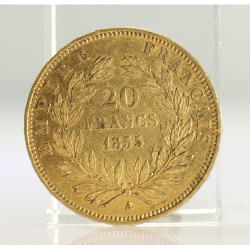 1855 FRENCH GOLD COIN, 20 FRANCS - NAPOLEON III BARE HEAD Paris mint, 6 ...