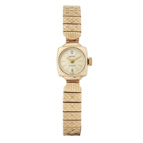 A LADY'S 9 CARAT GOLD NETEX BRACELET WATCH the circular champagne dial ...