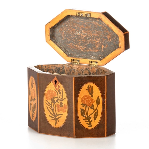 A GEORGE III INLAID PARTRIDGE WOOD TEA CADDY lozenge-shaped, decorated ...