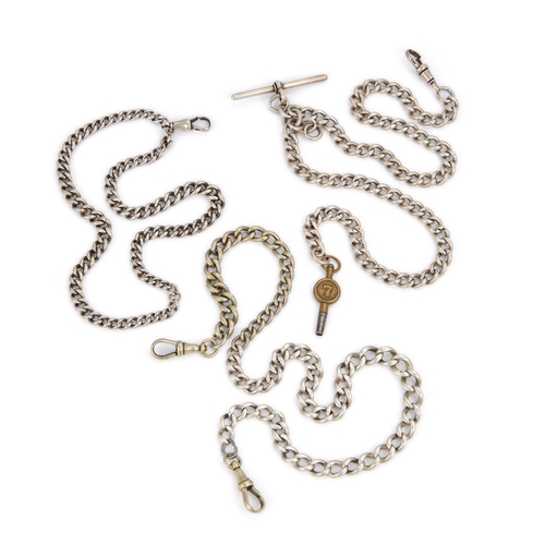 THREE SILVER GRADUATED ALBERT CHAINS one with T-bar and watch key. (3 ...