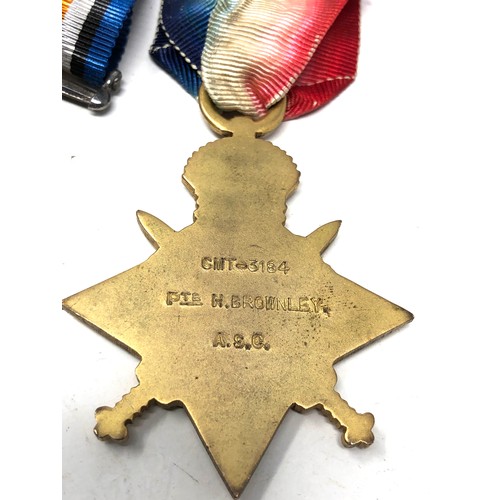 ww1 mons star trio medals & ID bracelet to cmt.3184 pte h.brownley a.s.c