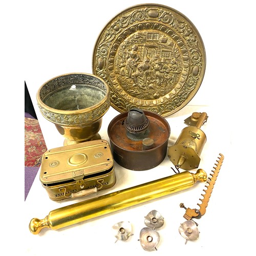 Selection of vintage brass items to include camping cooker, meat jack ...