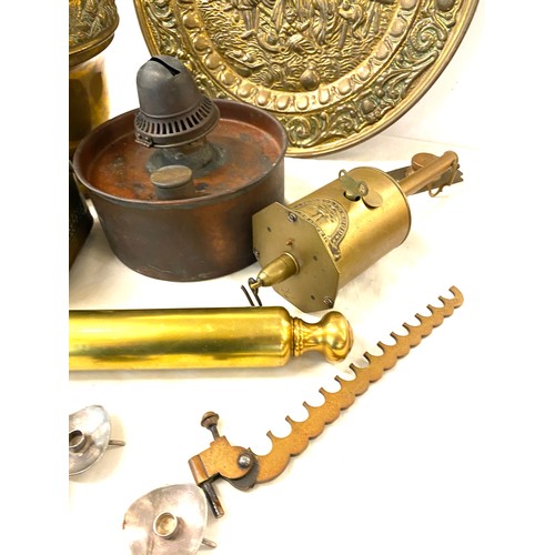 Selection of vintage brass items to include camping cooker, meat jack ...