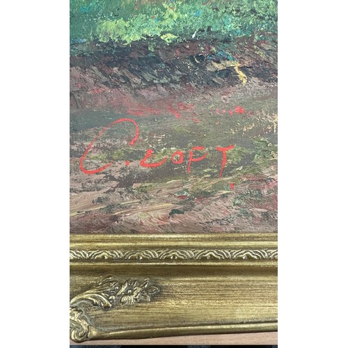 Gilt framed oil on canvas signed measures approx 39 inches wide x 27 tall