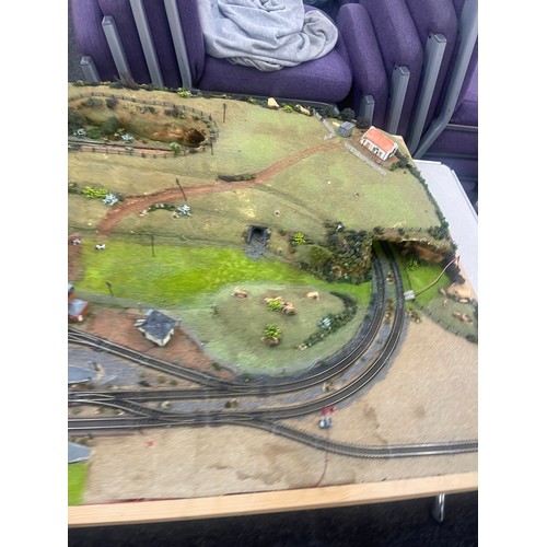 Large train track layout measures approximately 57 inches by 31 inches