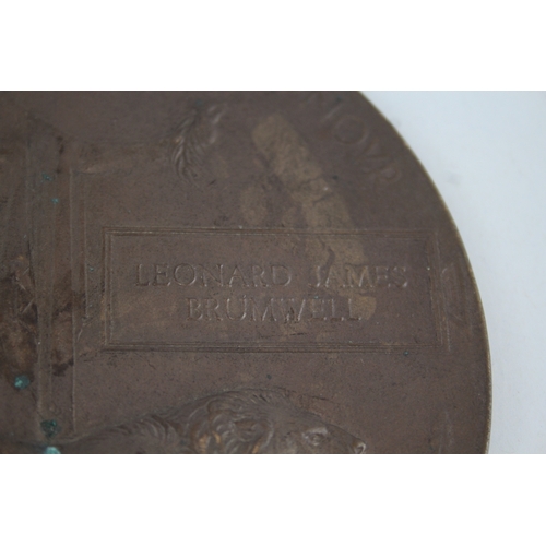 WW1 Death Plaque Named Leonard James Brumwell & Card Holder