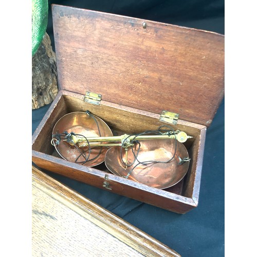 Vintage balance scales, oriental oil lamp, oak tray and carved wooden ...