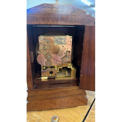 Knight and Gibbins London mahogany inlaid mantel clock, three train ...