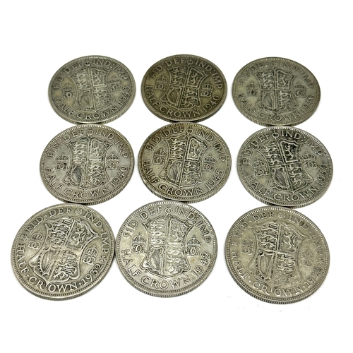 9 pre 1947 silver half crowns weight 125g